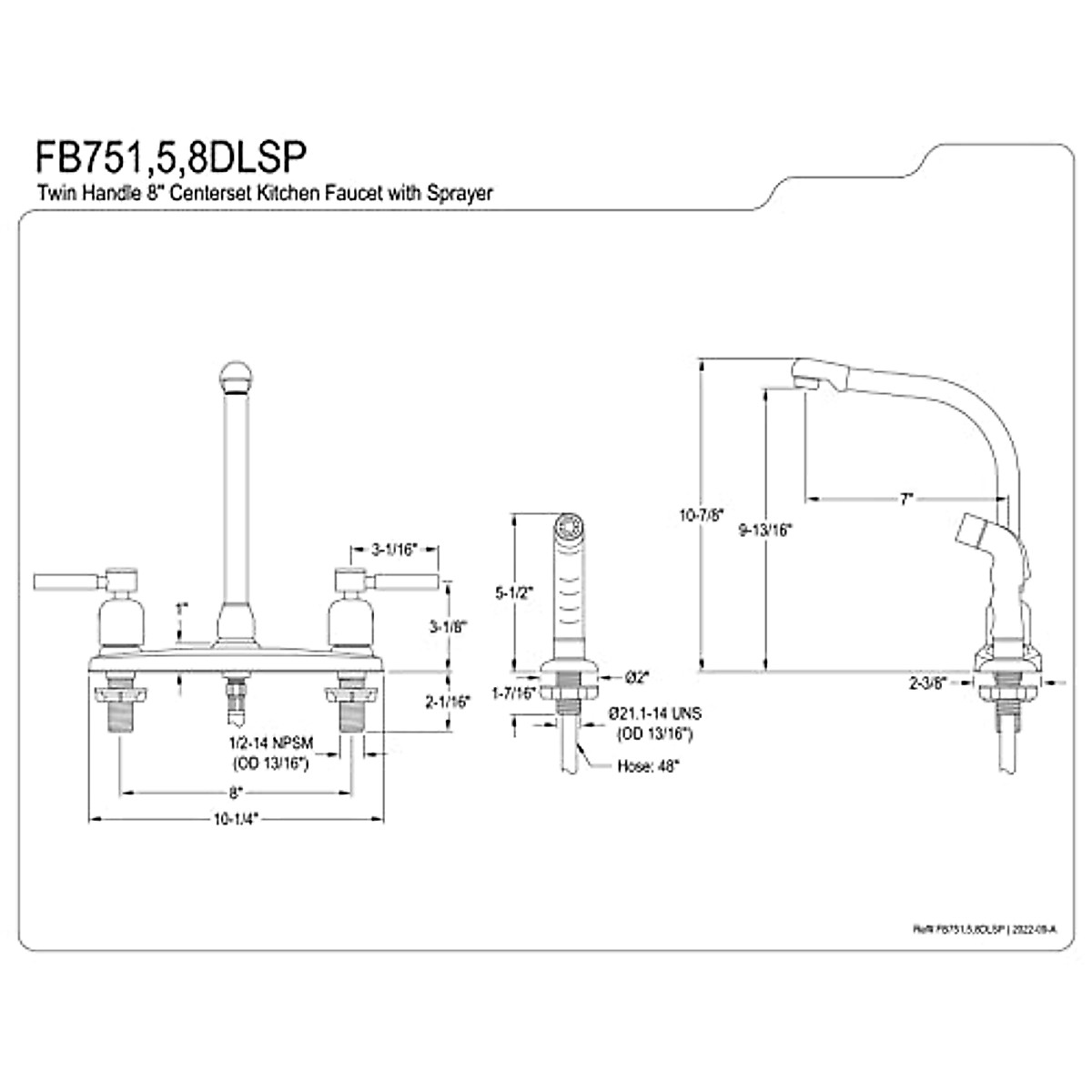 Kingston Brass FB758DLSP Concord 8-Inch Center Set High-Arch Kitchen Faucet with Plastic Sprayer, Brushed Nickel
