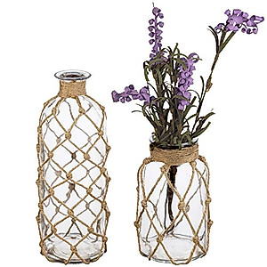 MyGift Coastal Style Decorative Glass Bottles with Rope Wrapping, Set of 2