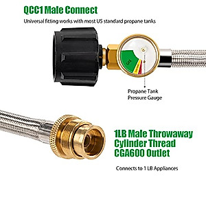 5FT Propane Adapter Hose with Gauge, Stainless Braided Hose extension for most gas appliance, Propane Quick Connect Hose Fits most gas grill, portable generator, Acme to QCC fitting