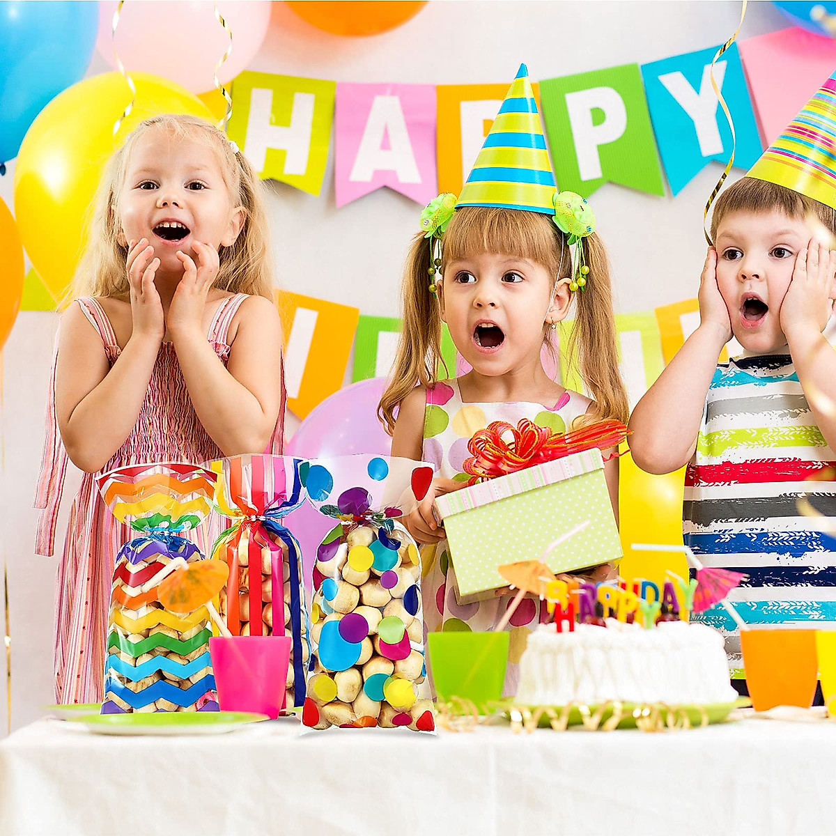 Rainbow Cellophane Treat Bags, Polka Dot Stripes Printed Pattern Goodie Candy Favor Bags with Twist Ties for Pride Day Kids School Lunches Baby Shower Birthday Party Supplies(105 Pieces)