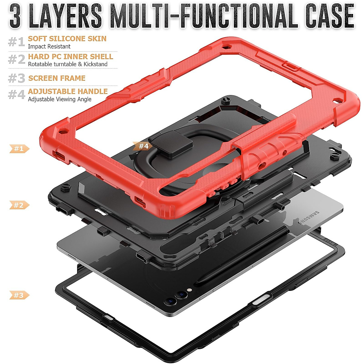 Cover Case Heavy Duty Shockproof TPU Case Compatible with Samsung Galaxy Tab S9 Ultra 14.6 Inch 2023 (SM-X910/X916B/X918U) Kids Case,360 Degree Rotating Handle Stand Bracket W Screen Protector+Shoulde