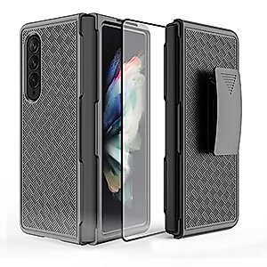 Ailiber Galaxy Z Fold3 5G Case, Galaxy Z Fold 3 5G Holster with Screen Protector, Swivel Belt Clip, Kickstand Holder Combo Cover, Slim Shockproof Shell Slide Pouch Phone Case for Samsung Z Fold3-Black