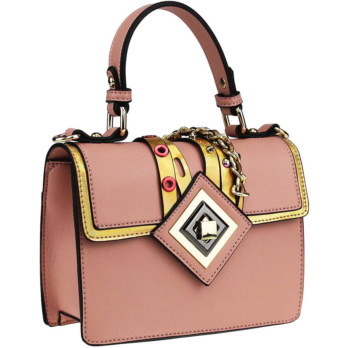 B BRENTANO Vegan Medium Crossbody Top Handle Purse with Metallic Trim (Blush Pink)