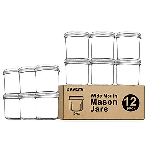 KAMOTA Wide Mouth Mason Jars 10 OZ, 10 OZ Mason Jars Canning Jars Jelly Jars With Wide Mouth Lids and Bands, Ideal for Jam, Honey, Wedding Favors, Shower Favors, Baby Foods, 12 PACK…