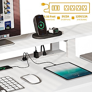 DWVO L Shaped Desk with Power Outlets & LED Lights, 65" Computer Desk with Drawers, Corner Desk Office Desk with File Cabinet & Printer Stand, White