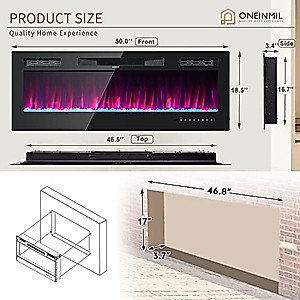 oneinmil Electric Fireplace, 50 inch Wide Recessed/Wall Mounted/Free Standing Electric Fireplace, Remote Control with Timer 12 Adjustable Color Flame, Remote Control,with Crystal Stone, 750/1500W