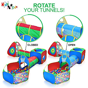 Hide N Side 5pc Kids Ball Pit Tents and Tunnels, Toddler Jungle Gym Play Tent with Play Crawl Tunnel Toy, for Boys Babies Infants Children, Indoor Outdoor Gift, Target Game w/ 4 Dart Balls