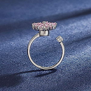 Pink CZ Flower Spinner Fidget Wrap Open Rings for Women Anxiety Rotate Freely Inspirations Stress Relief Cubic Zirconia Statement Jewelry Crochet Loop Adjustable Stacking Diamond Middle Finger Ring Daughter Bff Dainty Birthday Valentine's Day Sweet Crysta
