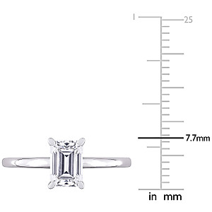 Abbie+Cleo Emerald Shape Created White Moissanite Gemstone Solitaire Statement Ring in Rhodium Flash Plated Sterling Silver, Size 6