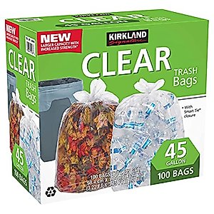 Kirkland Signature 45-Gallon Trash Bag, Clear, 100-count, Green, (1300660)