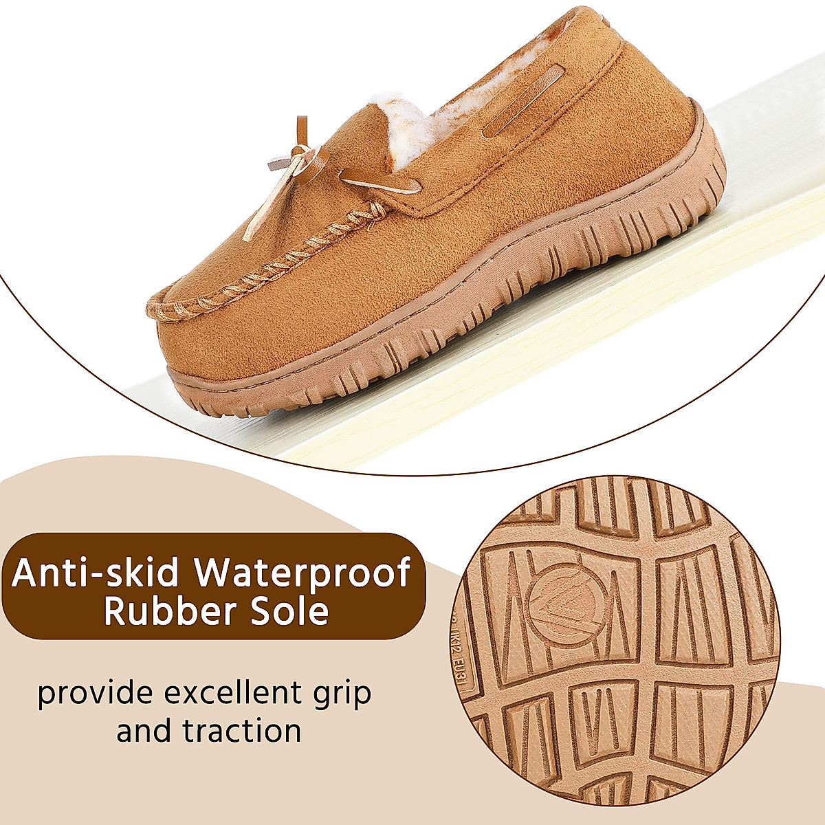 NCCB Boys Memory Foam Slippers Plush Liner Anti-skid Moccasin Shoes Beige Size Big Kid 3