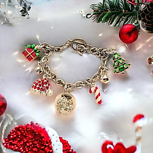 Christmas Tree Charm Bracelet with Snow Globe Present Candy Cane Santa Claus Hat Jingle Bells