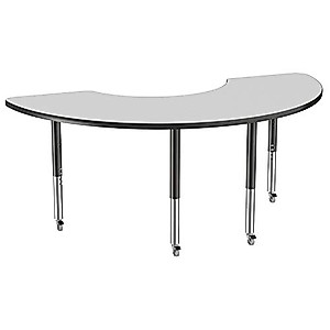 Factory Direct Partners 10076-GYBK Mobile Half Moon Activity School and Office Table (36" x 72"), Super Legs with Glides and Casters, Adjustable Height19-30" - Gray Top and Black Edge