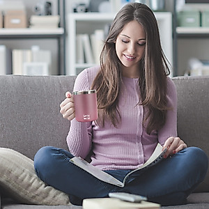 WETOWETO Coffee Mug with Handle, 14oz Insulated Stainless Steel Coffee Travel Mug, Double Wall Vacuum Reusable Coffee Cup with Lid, Powder Coated Rose Gold