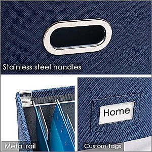 PRANDOM File Organizer Box - Set of 2 Collapsible Decorative Linen Filing Storage Hanging File Folders with Lids Office Cabinet Letter/Legal Size Navy Blue (17x14x11.2 inch)