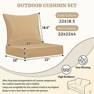 HOMELYSIAN Deep Seat Cushions for Outdoor Furniture, Waterproof Outdoor Chair Cushions, Memory Foam Patio Chair Cushions, 22 x 22 Outdoor Cushions with Hidden Zippers, Khaki