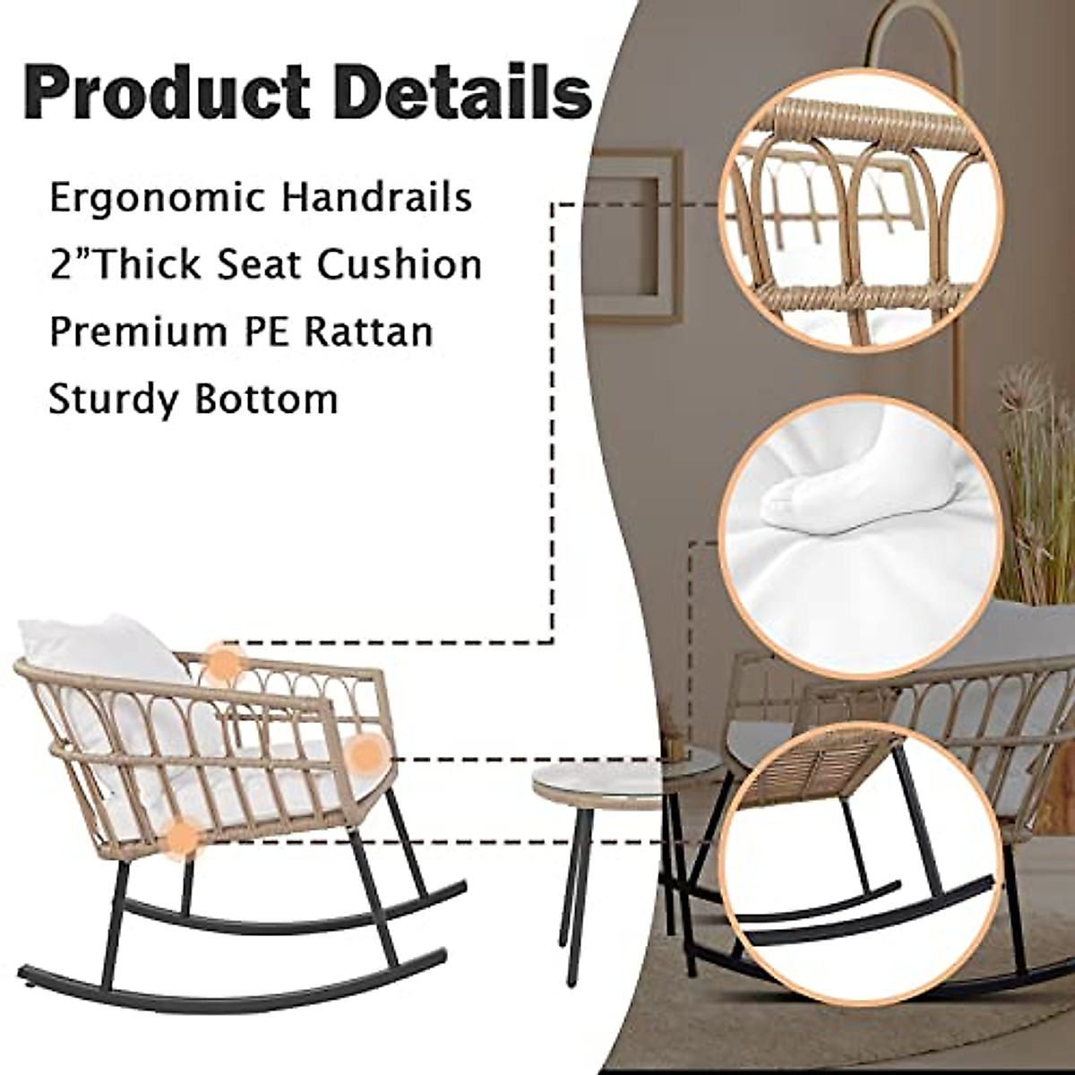 3 Pieces Rocking Chairs Set, Boho Indoor Outdoor All Weather Woven Rope Table Set, Tan Wicker Chat Set with White Cushions, Rattan Sets for Balcony, Garden, Front Porch,Indoor,Living Rooms