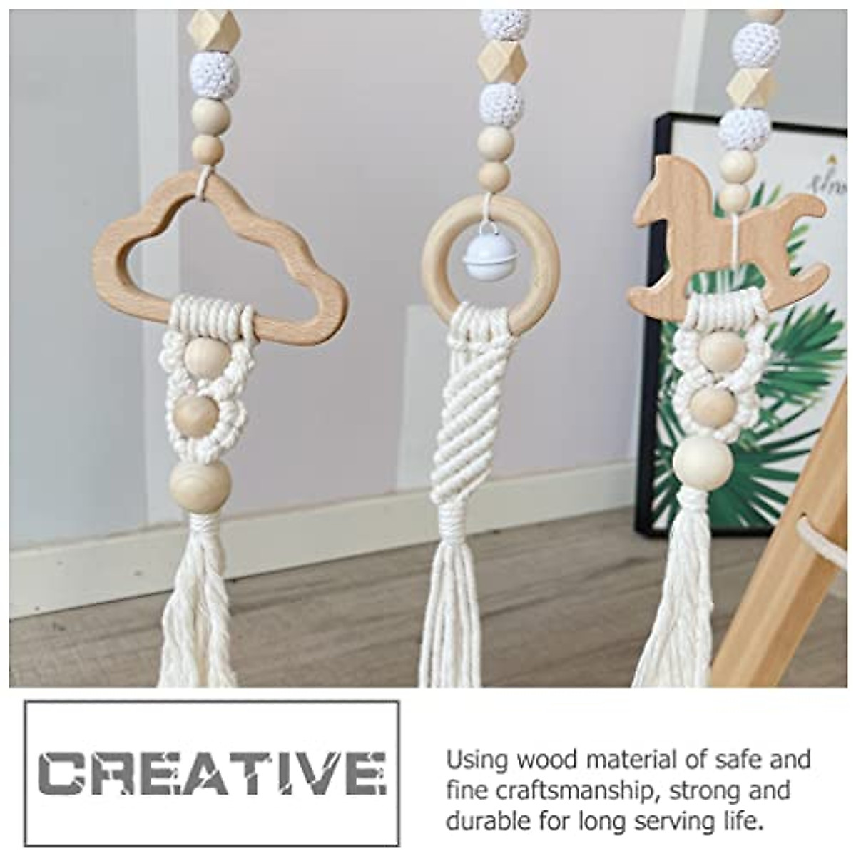 Beavorty 4Pcs Baby Wooden Gym Teething Rings with Tassels Macrame Fitness Woven Crib Hanging Rattles Pendants Toys Crib Hanging Ornaments