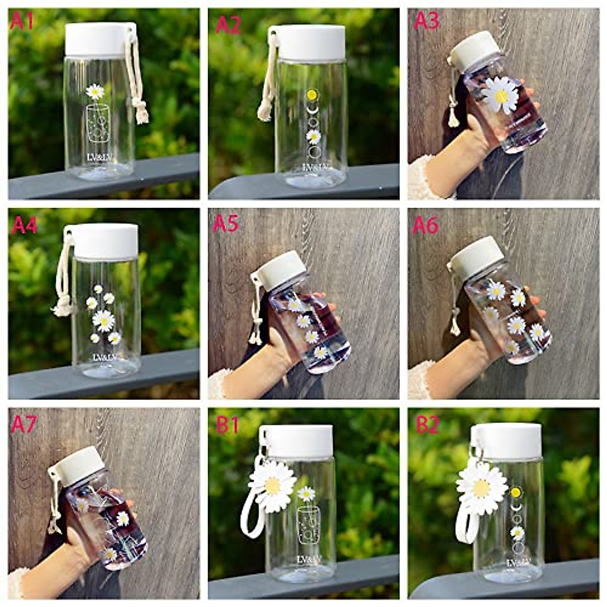 CHDHALTD 500ml Small Daisy Transparent Plastic Water Bottles with Portable Rope for Travel Drinkware Water Bottles Tea Cup(A6,Transparent)