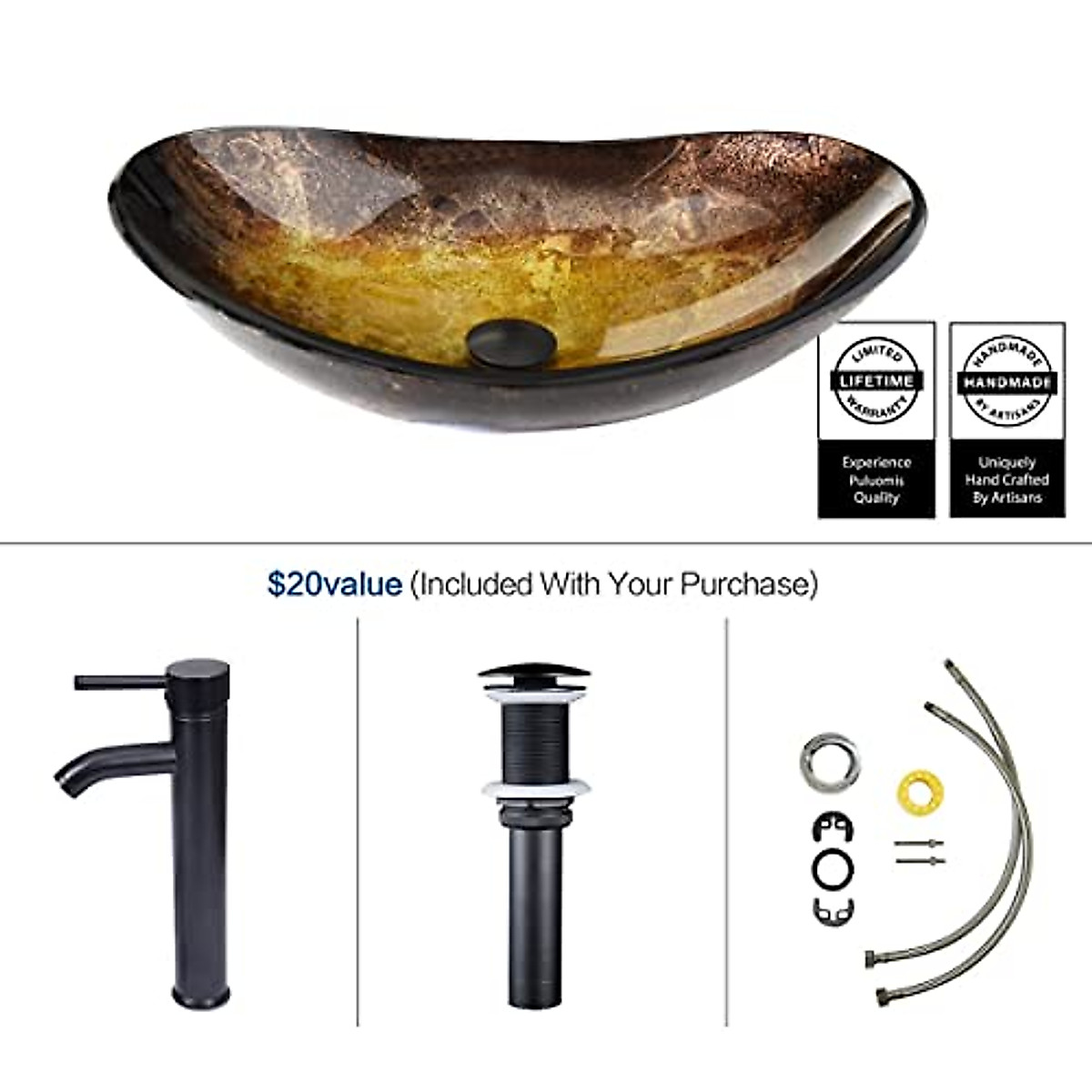 Bathroom Vessel Sink, Boat Shape Bathroom Artistic Glass Vessel Bowl Basin with Free Oil Rubbed Bronze Faucet and Pop-up Drain, Gold ingot