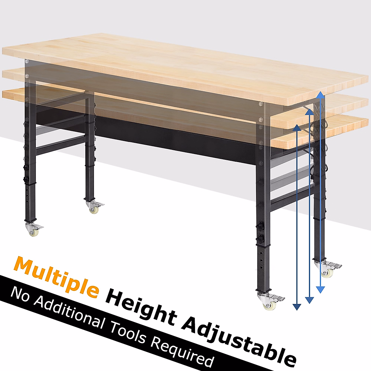 60" Adjustable Work Bench, Rubber Wood Top Workbench Heavy-Duty Work Table with Power Outlet with Wheels, 2000 LBS Load Capacity Hardwood Work Benches for Garage, Workshop, Home, Office, Easy Assembly