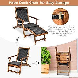 HAPPYGRILL Patio Lounge Chair Set of 3, Outdoor Acacia Wood Rattan Wicker Chaise Lounge w/Side Table, Deck Chair w/Armrest & Retractable Ottoman, for Backyard, Poolside