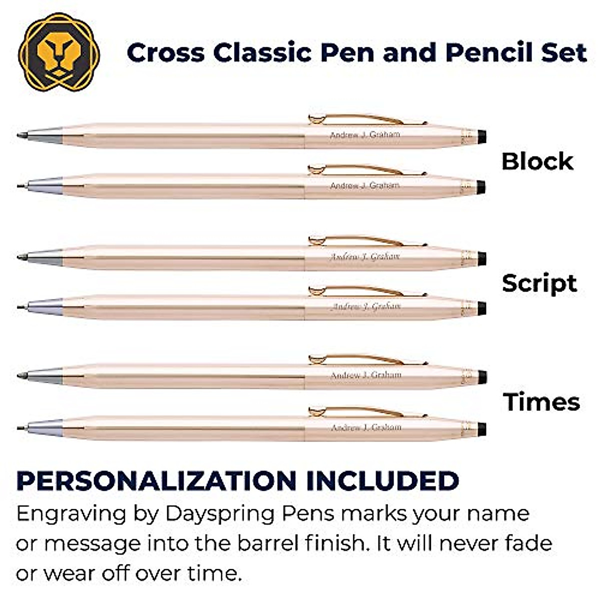 Gold Cross Pen Set | Engraved/Personalized Cross Classic Century 14 Karat Gold Plated Pen and Pencil Gift Set. Custom Engraved and Shipped in 1 Business Day.