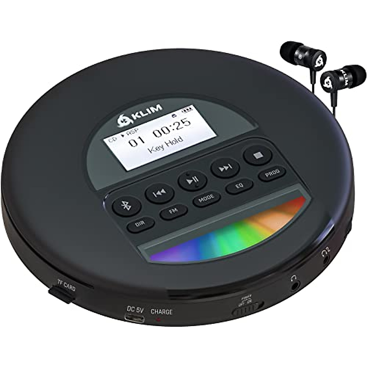 KLIM Nomad - New 2023 - Portable CD Player Walkman with Long-Lasting Battery - with Headphones - Radio FM - Compatible MP3 CD Player Portable - TF Card Radio FM AM Bluetooth - Ideal for Cars - Black