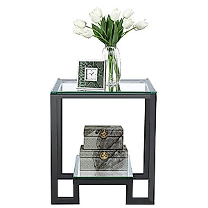 Glass End Table Square,Modern Glass Side Table with 2 Tier Shelf Coffee Table,Black Metal Frame Glass Top Table for Living Room,Balcony,Bedroom
