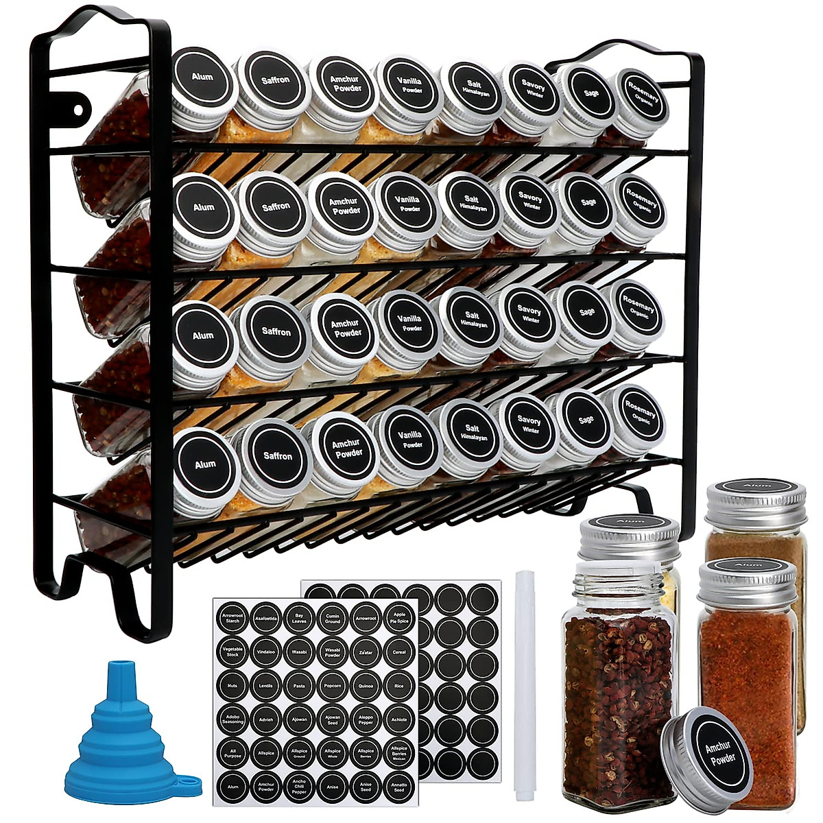 Accguan Spice Jars with Spice Rack,Spice Organizer with Spice Stickers and Stylus and Funnel, Perfect for Kitchen Countertop Storage,Cabinet Storage, Dining Room, and Gifts(36pcs)