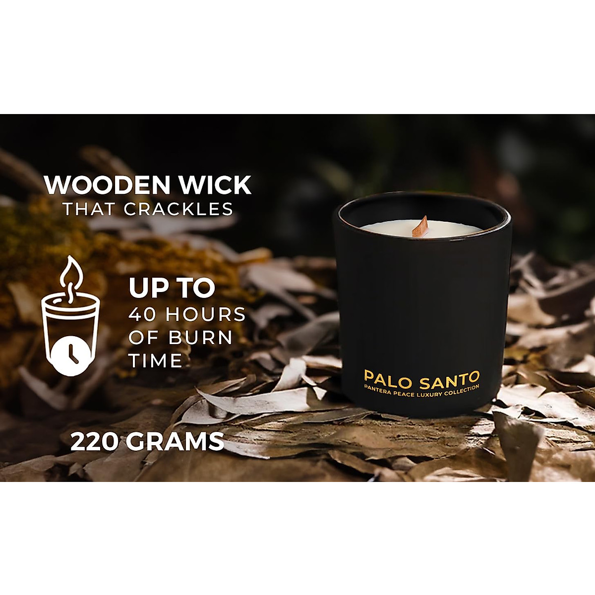 Pantera Peace Palo Santo Candle, Wood Wick Candles That Crackle, Scented Candle for Large Room, 40+ Burn Time, Wooden Wick Candles, Luxury Candle Gift, Meditation Prosperity Aromatherapy Soy Candle