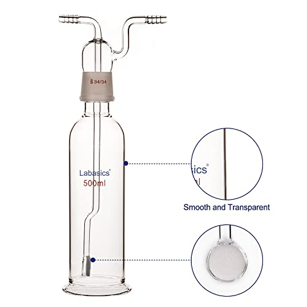 Labasics Gas Washing Bottle, Borosilicate Glass 34/34 Stopper Gas Bubbler Gas Washing Bottle with Fritted Disc and 8 mm OD Inlet/Outlet Hoses, 500 ml