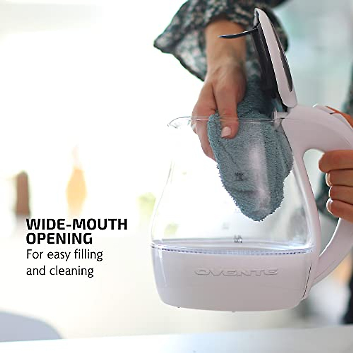 OVENTE Lighted Electric Glass Kettle 1.5 Liter with Blue LED Light and Stainless Steel Lid, Fast Heating Countertop Tea Maker Hot Water Boiler with Auto Shut-Off & Boil Dry Protection, White KG845W