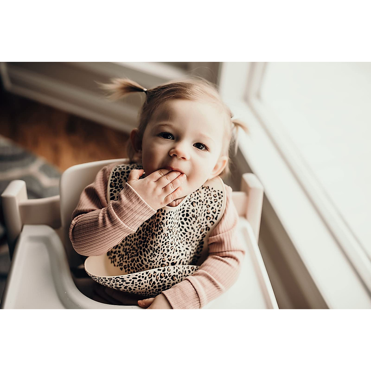 Three Little Tots Modern Silicone Baby Bib – Adjustable Fit Waterproof Catch Bibs ((Leopard)