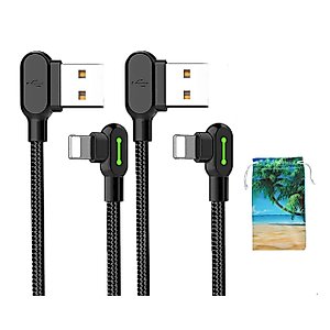 (2 Pack + iPhone Bag) USB 90 Degree Right Angle Design Gaming iPhone LED Nylon Braided Sync Charge New USB Reversible Data 6FT/1.8M Cable Compatible iPhone/iPad Pro/Air,iPad Mini,iPod (6FT Black)