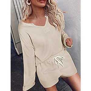 MEROKEETY Women's Long Sleeve Pajama Set Henley Knit Tops and Shorts Sleepwear Loungewear, Beige, L