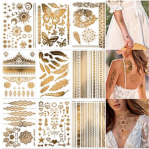 DPKOW 9 Sheets Gold Temporary tattoos, Gold Tattoos Temporary Metallic Tattoos Moon Star Butterfly Glitter Tattoos Festival Tattoos Flash Fake Waterproof Tattoo Stickers for Women Girls Body Art