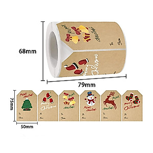 LNALAT 250pcs Kraft Christmas Stickers, 6 Styles Designs Merry Christmas Bell Handmade Sticker Roll for Christmas, Decoration Labels for Bags, Envelopes, Bubble mailers & Boxes