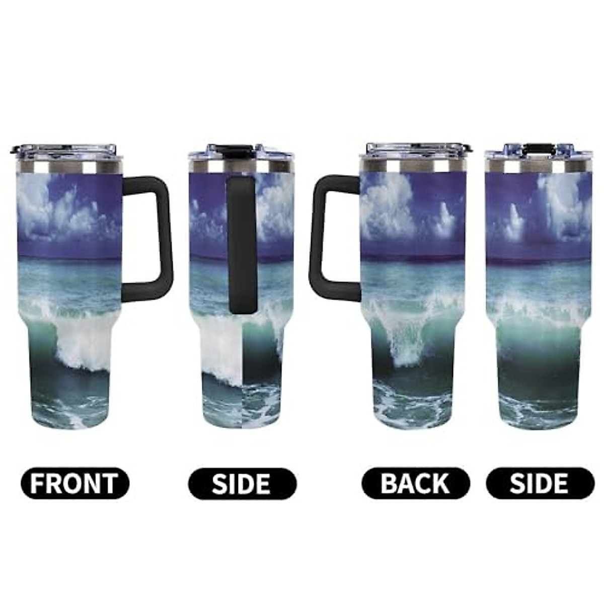 Ocean Wave 40oz Water Bottle Double Wall Insulated Tumbler with Handle Leakproof Travel Mug Black-style