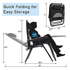 PHI VILLA XXL Oversized Padded Zero Gravity Chair, Foldable Patio Recliner, 30" Wide Seat Anti Gravity Lounger with Cup Holder, Support 400 LBS (Black)