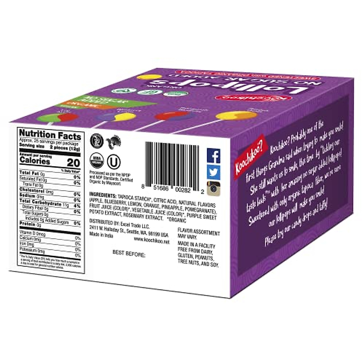 Koochikoo Organic Lollipop Variety Box, Assorted Fruit Flavor - Sugar Free, Gluten Free, Vegan - 50 Count