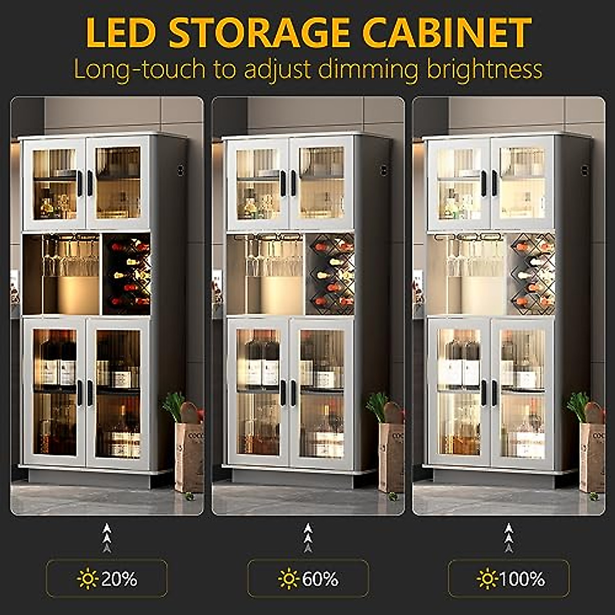 LVSOMT LED Wine Bar Cabinets with Removable Wine Rack, Bar Cabinets for Liquor with Light Motion Sensor, Kitchen Cabinet Storage for Dinning Room, Living Room (Dark Grey + Light Grey)