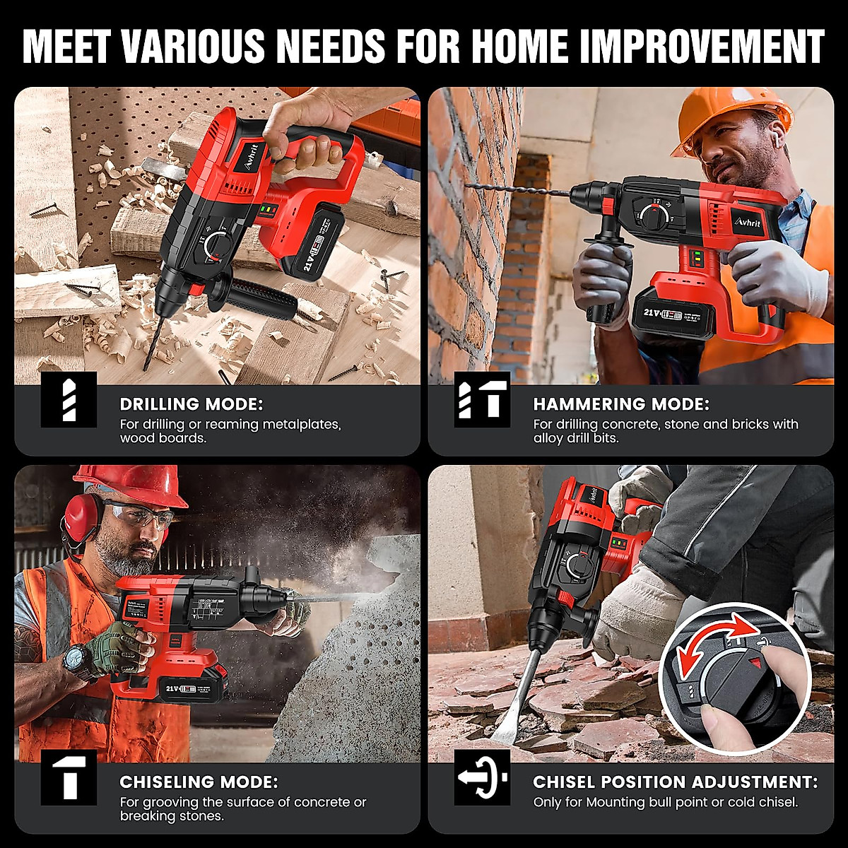 Avhrit 21V Cordless Hammer Drill, Powerful Rotary Hammer Drill with Batteries, Drill Bits, Brushless Motor, Safety Clutch, 4 in 1 Hammer Drill for Concrete Home Use and Professional Construction Work