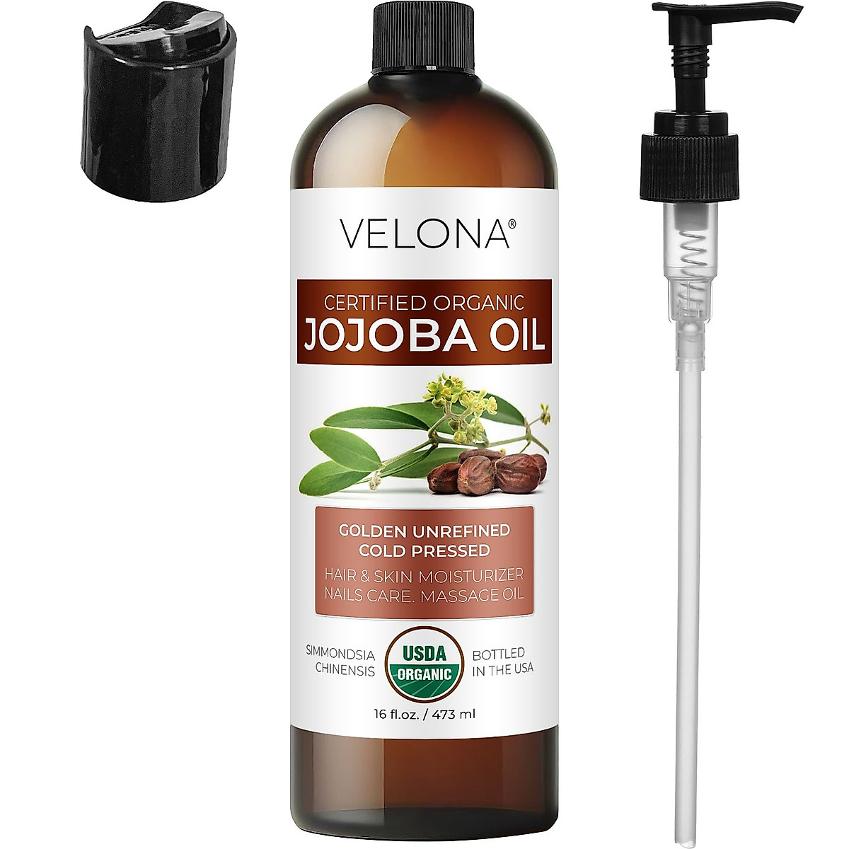 velona Jojoba Oil USDA Certified Organic - 16 fl oz (With Pump) | 100% Pure and Natural | Golden, Unrefined, Cold Pressed, Hexane Free