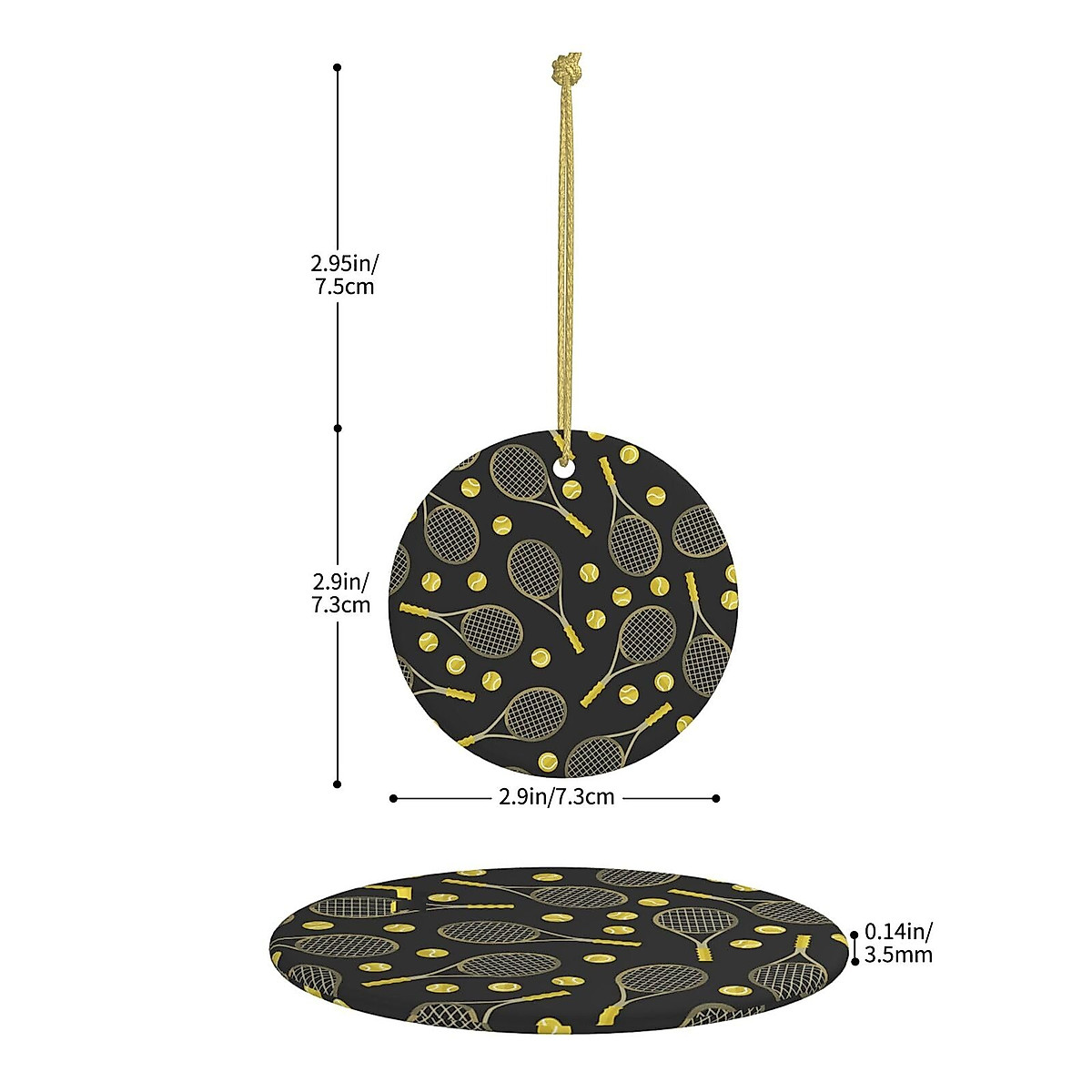 Funny Tennis Racquets and Tennis Balls Print Christmas Tree Ceramic Hanging Round Shaped Xmas Tree Pendants Gatherings Party Deco