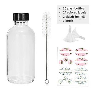 15 Pack Glass Amber Boston Bottles with Black Poly Cone Cap, 4 oz Round Glass Bottle for Essential Oil, Perfume and Liquid, Contains 24 Colored Labels, 2 Funnels, 1 Brush