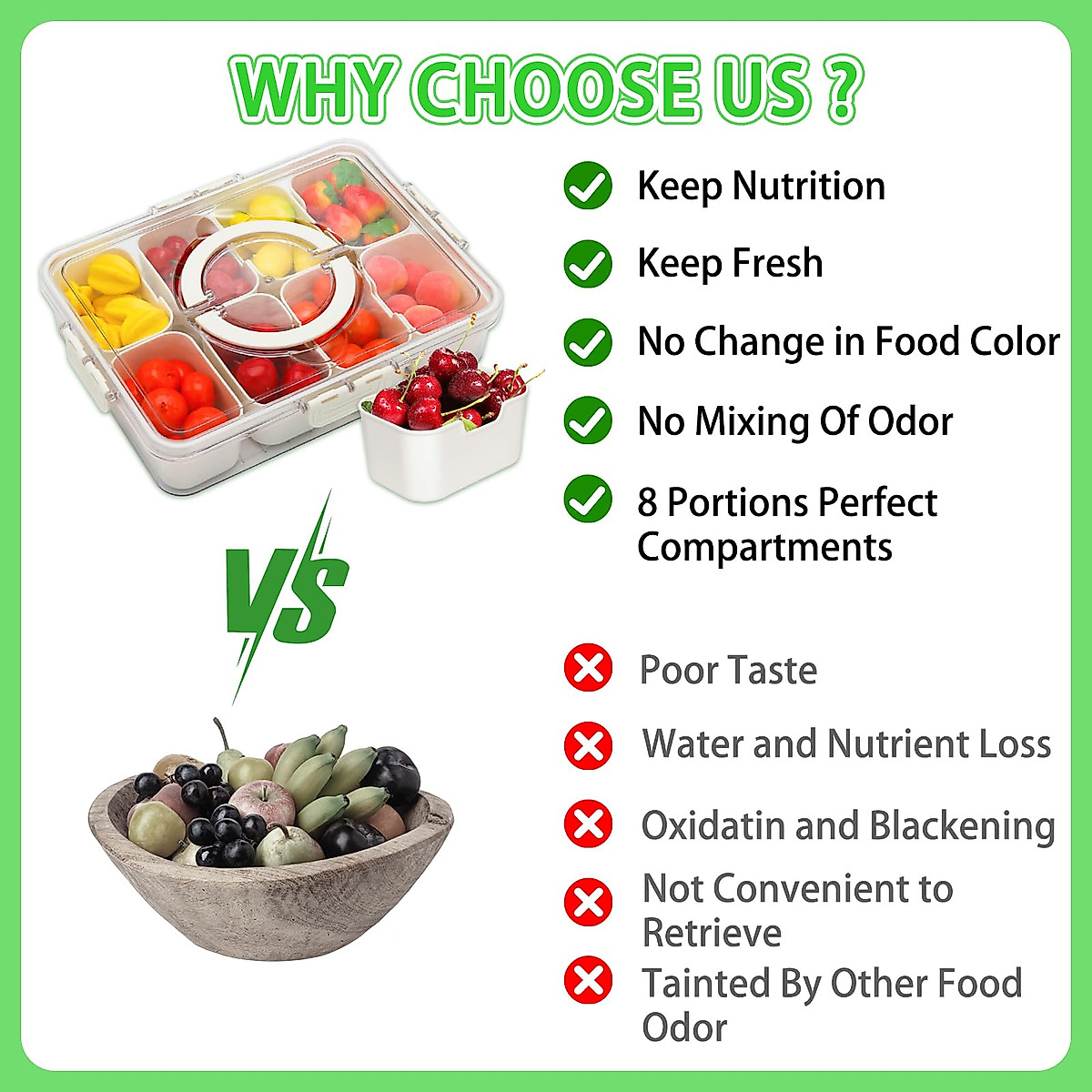 Portable Divided Serving Tray with Lid with Handle, 8 Compartment Snackle Box Container,- For Clear Organizer Fruit, Candy, Nuts,Snacks,Great for parties, beach fun and outdoor camping(8)