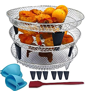 Air Fryer Racks, 3Pack Round Stackable Dehydrator Racks with Insulated Clamp and Brush Universal Stainless Steel Kitchen Air Fryer Accessories Fit all 5.0QT - 10.0QT Air fryer, 8inch