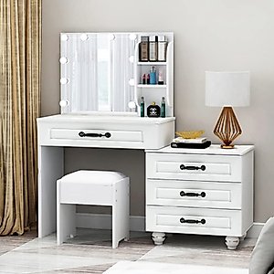 Abesthink Vanity Set Dressing Table with Lighted Mirror,Vanity Mirror with Lights and Table Set,Vanity Desk with Charging Station, Modern Makeup Vanity with Drawers and Stool for Bedroom,Girls