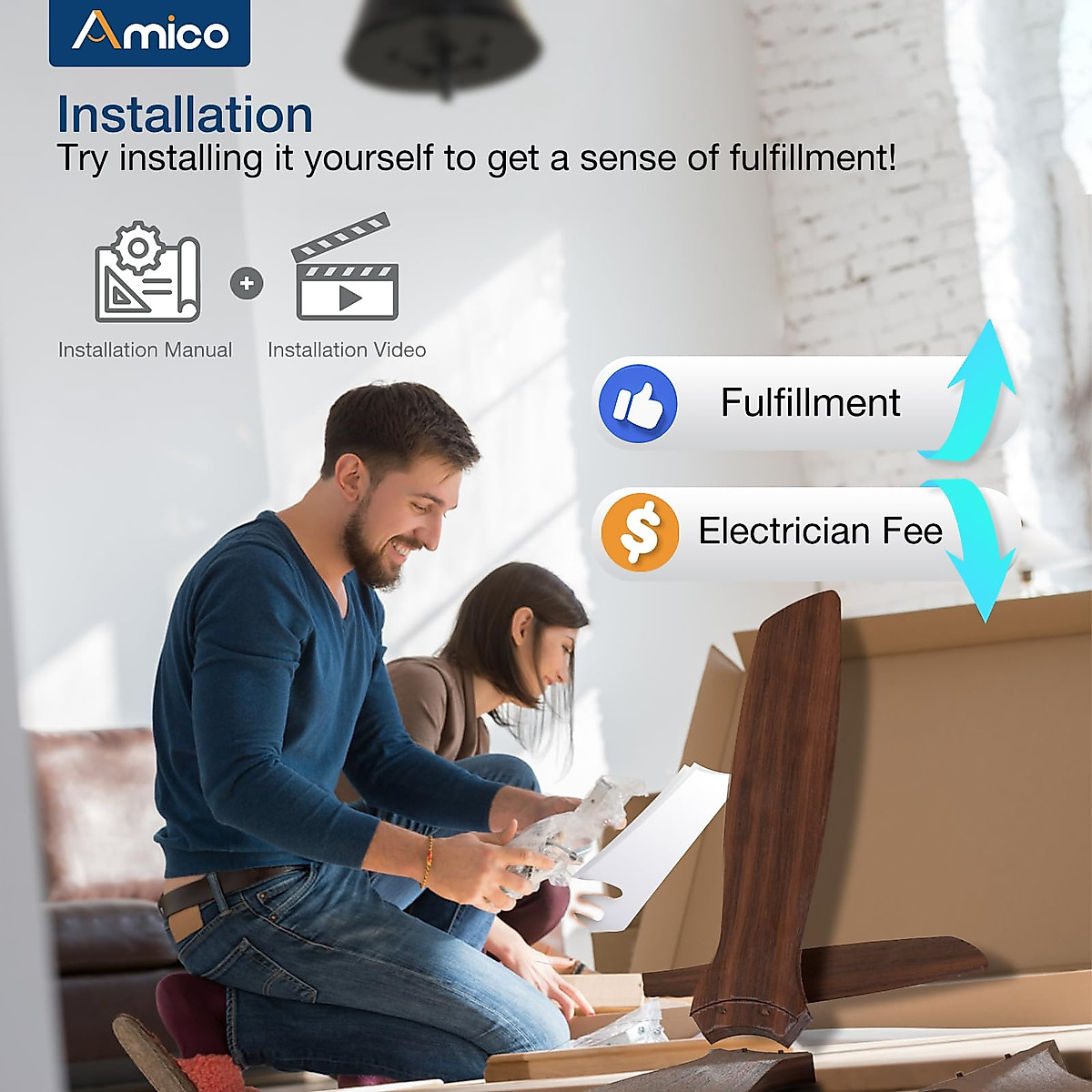 Amico Ceiling Fans with Lights, 52 inch Indoor/Outdoor Ceiling Fan with Remote Control, Reversible DC Motor, 5 Blades, 3CCT, Dimmable, Damp Rated Wooden Ceiling Fan for Bedroom, Patio, Porch